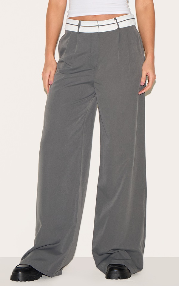 Tall Charcoal Fold Over Front Trousers | Tall | PrettyLittleThing