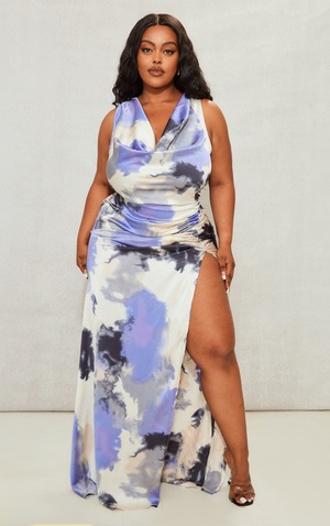 Plus Blue Marble Plisse Cowl Neck Maxi Dress | PrettyLittleThing