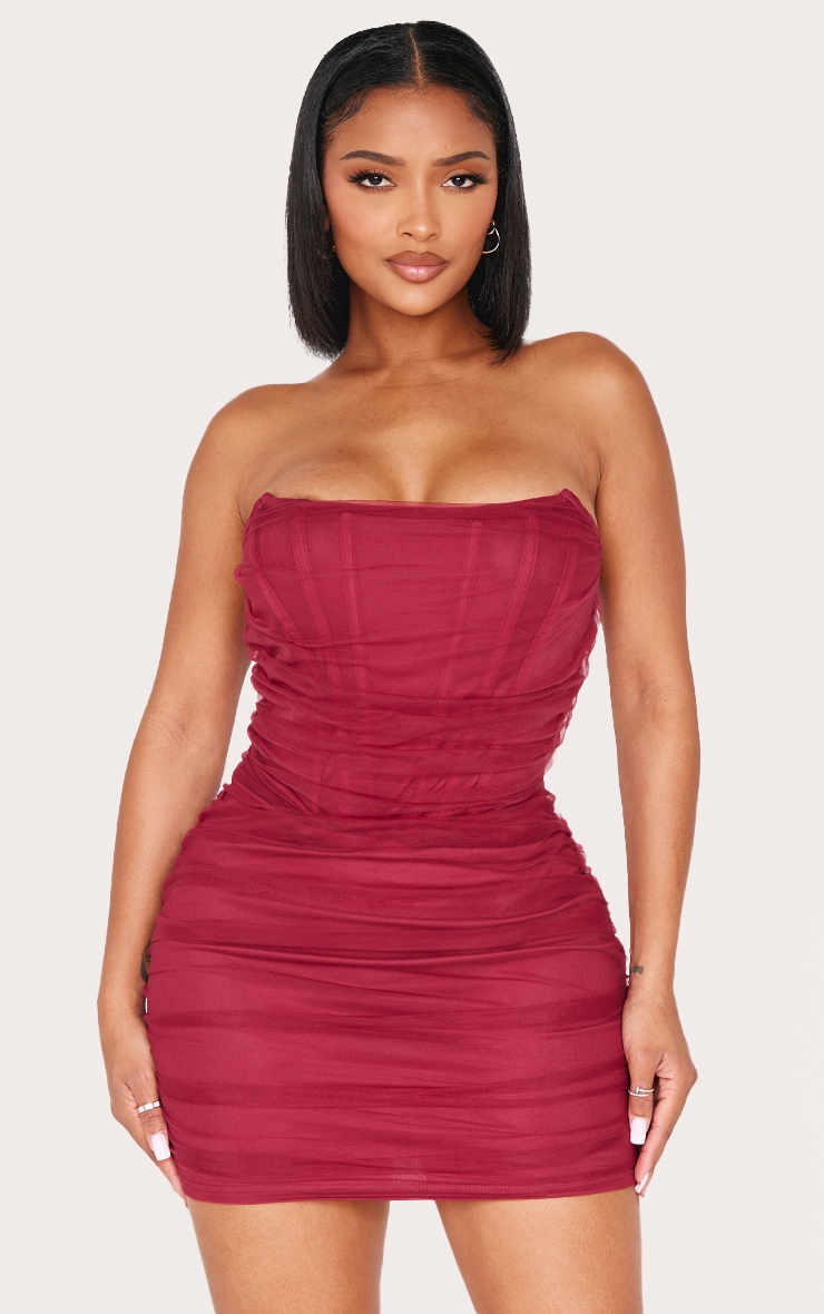 Shape Burgundy Mesh Corseted Ruched Bodycon Dress | Shape | PLT