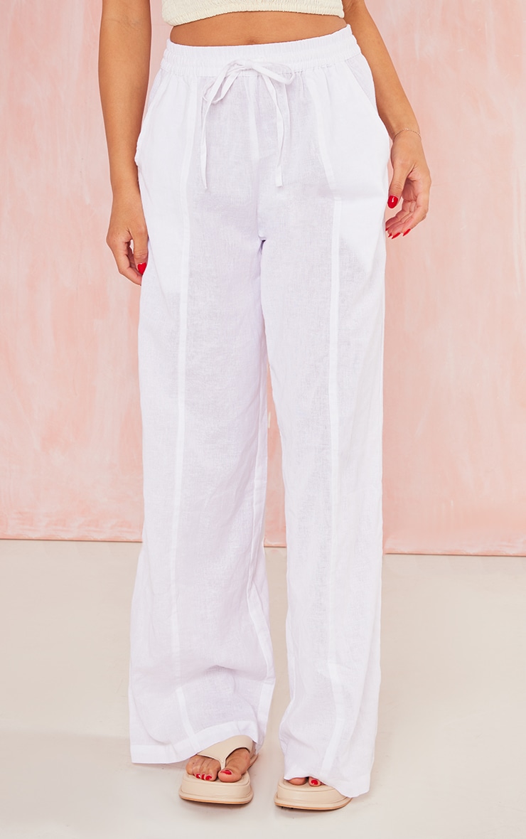 Pantalon large en effet lin blanc à coutures | PrettyLittleThing FR