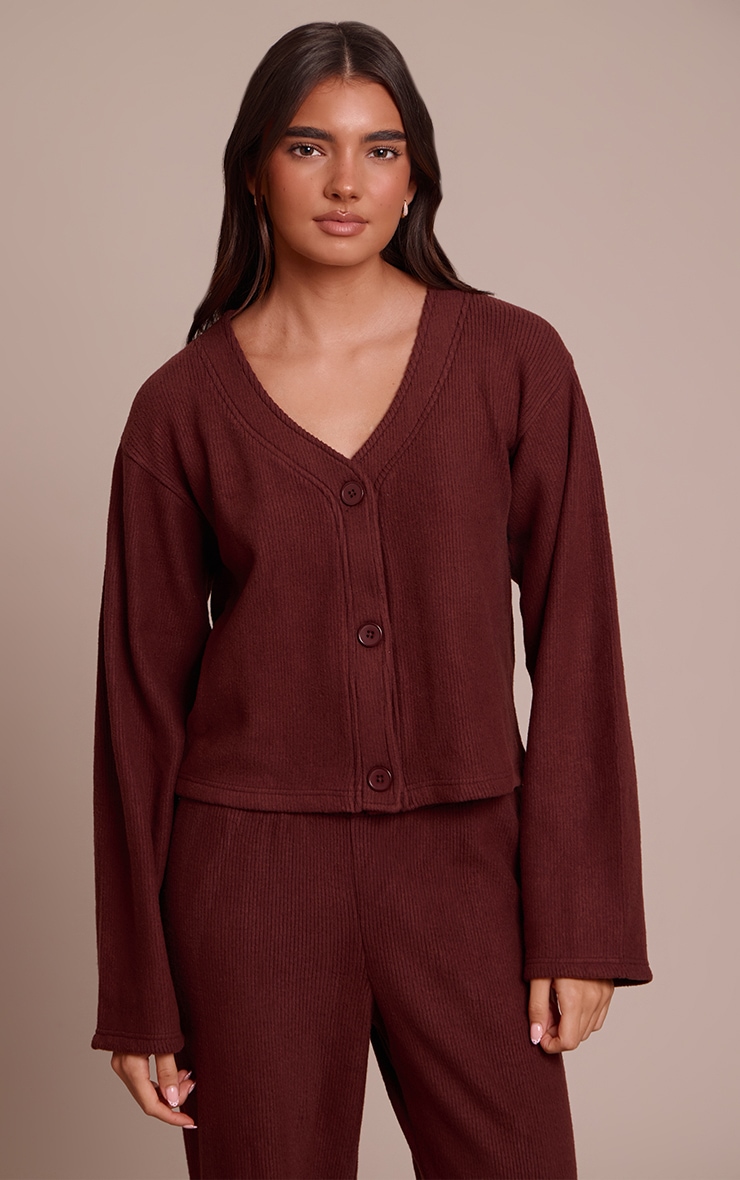 Chocolate Brown Brushed Chunky Rib Boxy Cardigan | Co-ords | PLT CA
