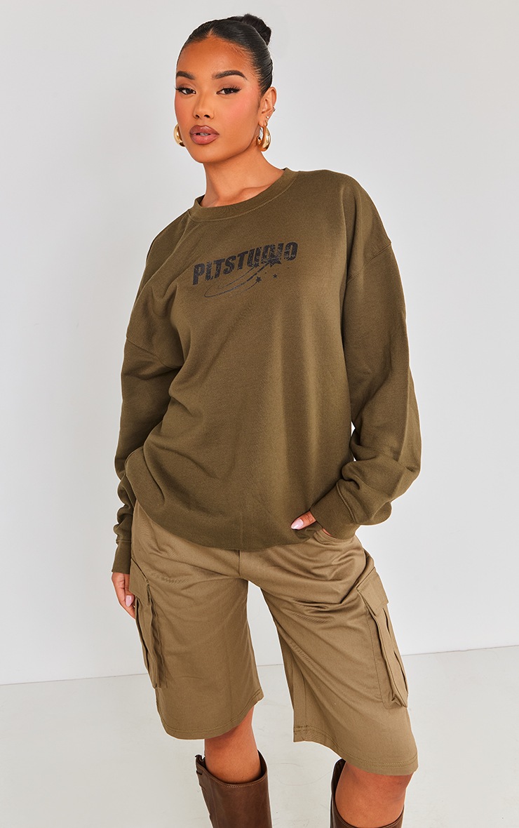 PLT Khaki Studio Front And Back Print Sweatshirt | Athleisure | PLT