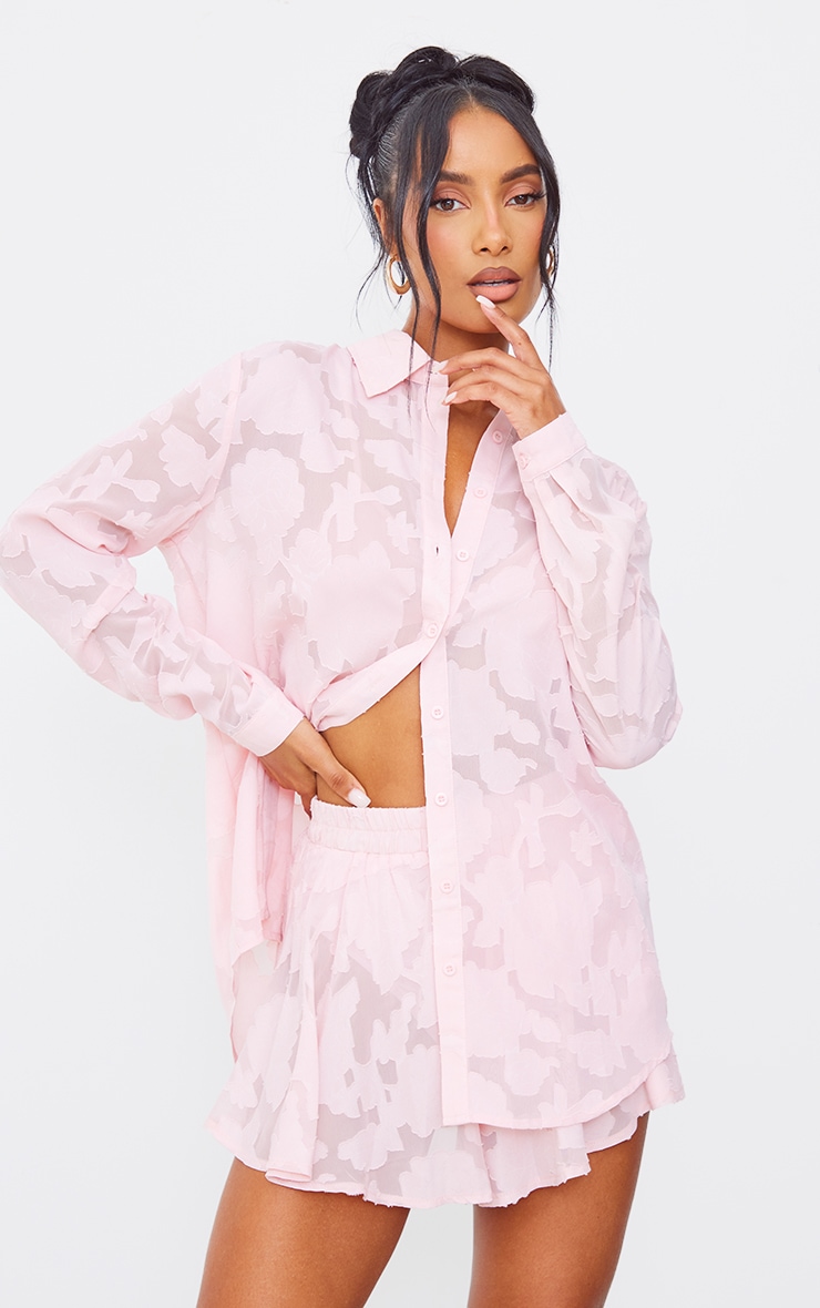 Pastel Pink Sheer Floral Textured Long Sleeve Oversized Shirt ...