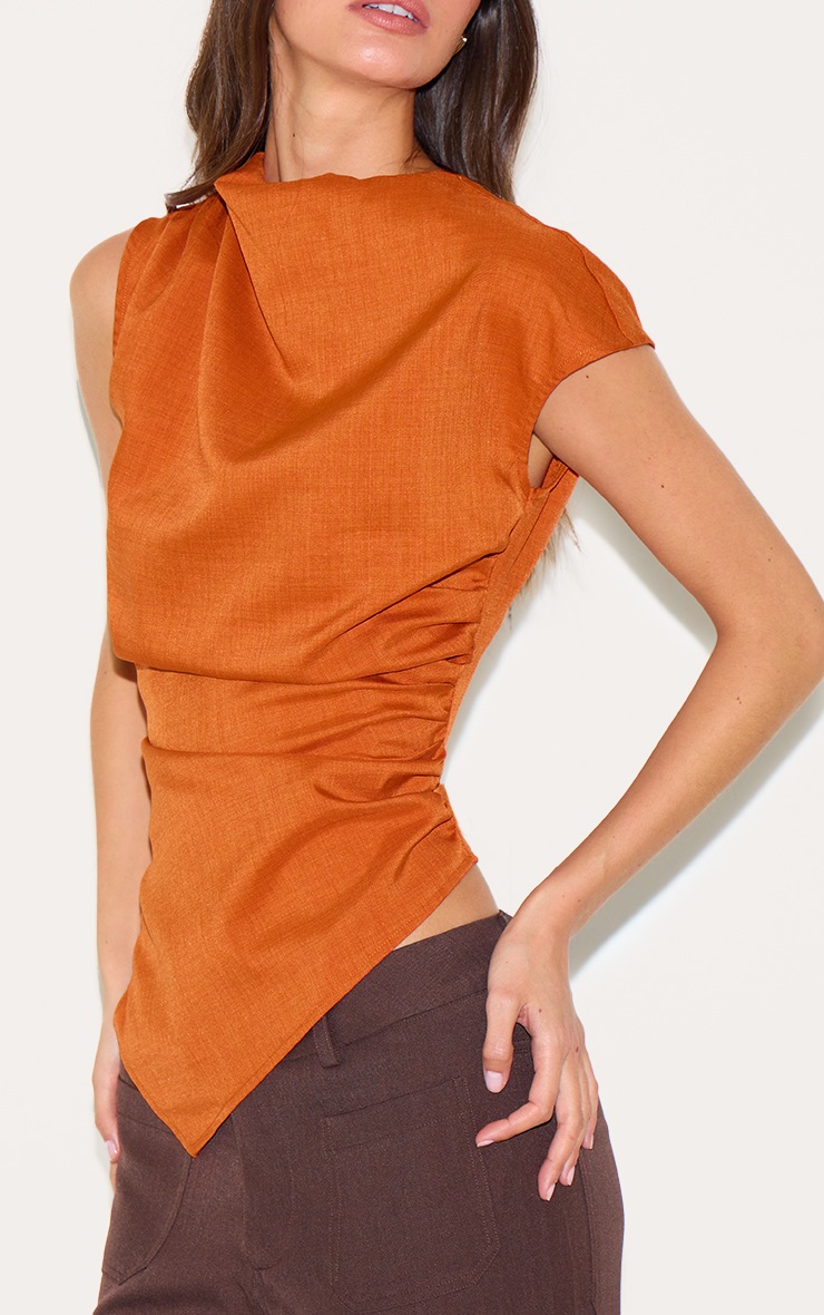 Rust Woven Ruched Asymmetric Long Top | Tops | PLT