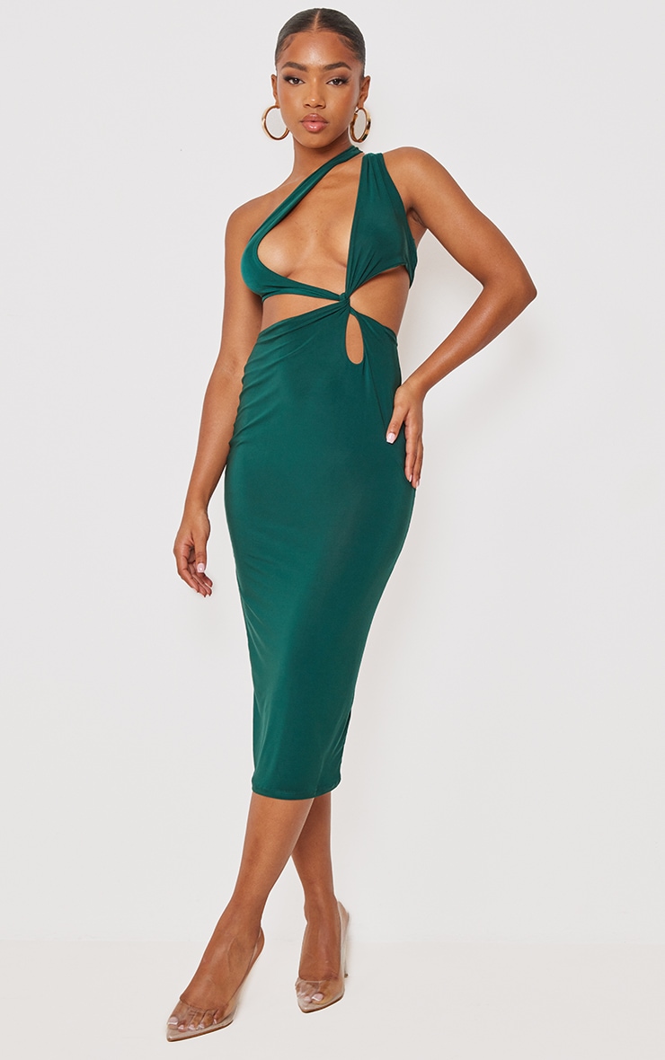Forest Green One Shoulder Asymmetric Cut Out Dress | Dresses | PLT USA