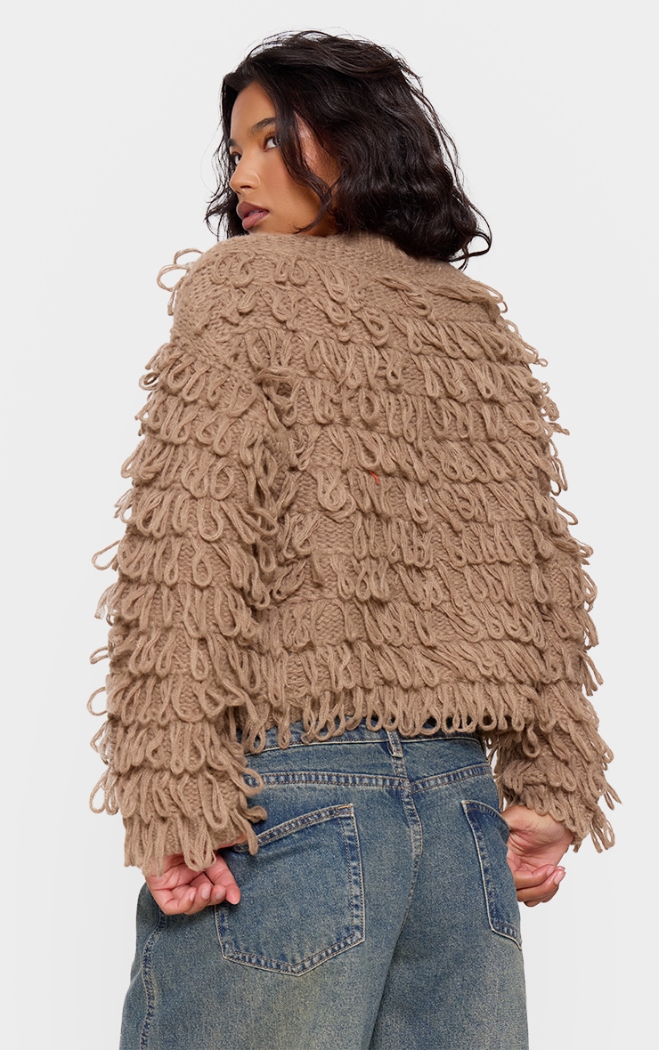Taupe Loop Knit Crew Neck Button Up Cardigan | PrettyLittleThing