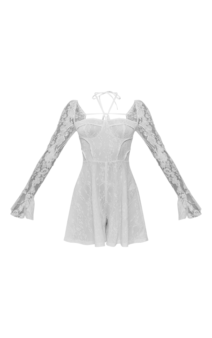 White Floral Mesh Long Sleeve Square Neck Playsuit Jumpsuits