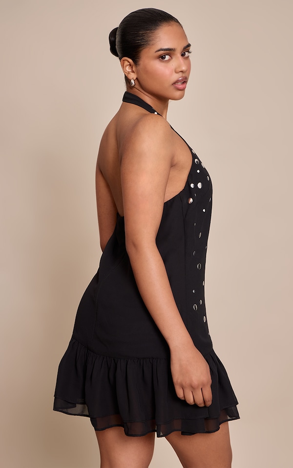 Petite Black Ruffle Stud Detail Halterneck Dress | Petite ...