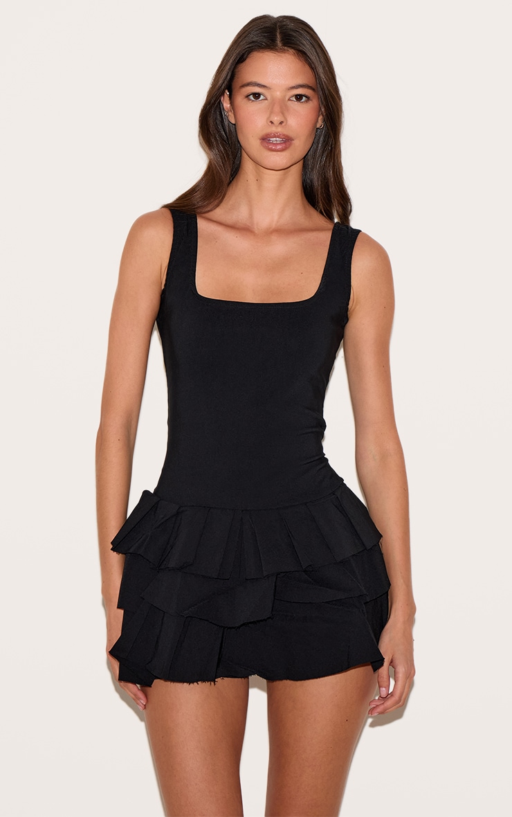 Black Stretch Woven Pleated Skort Playsuit | Dresses | PLT