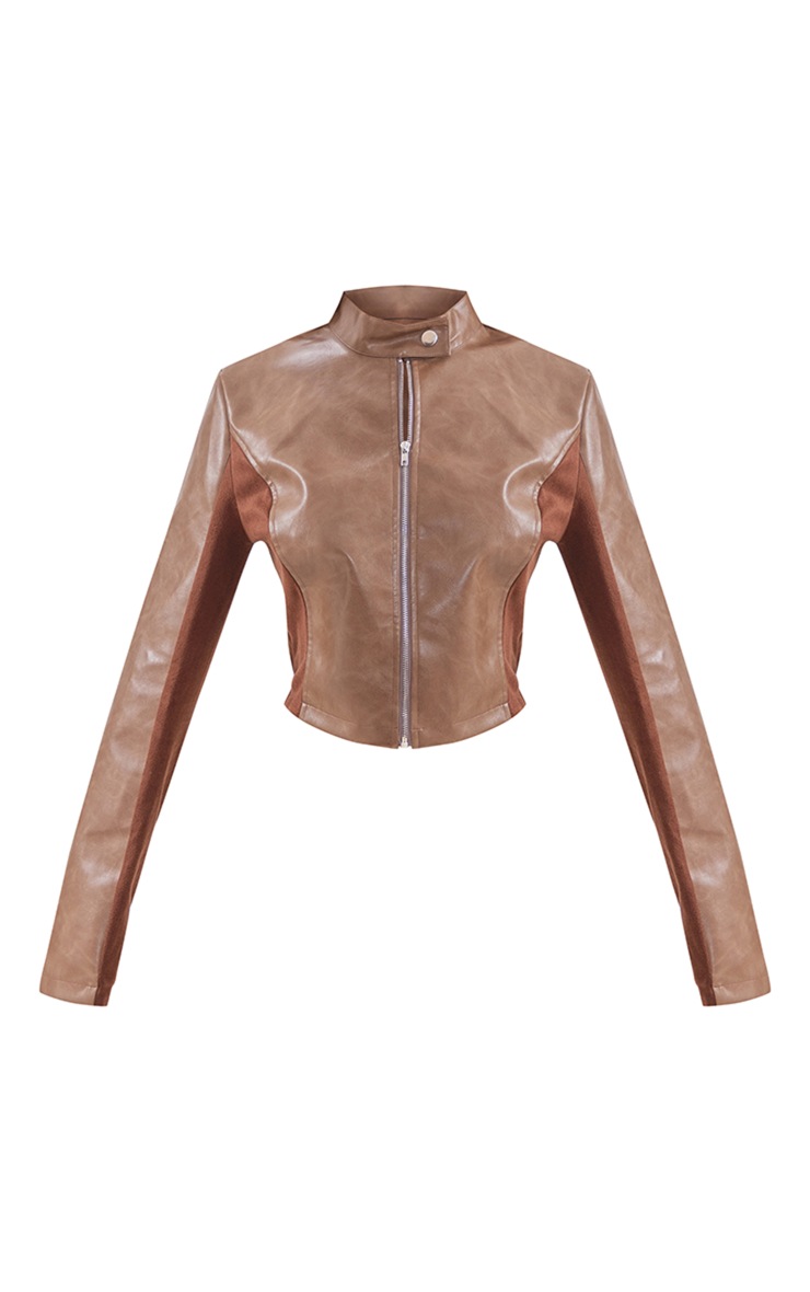 Petite Washed Brown PU Fitted Cropped Jacket | Petite | PLT