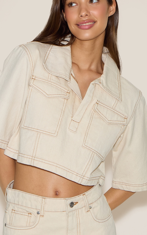 Ecru Contrast Stitched Cropped Denim Shirt | Denim | PrettyLittleThing USA