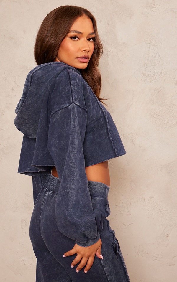 Petite Indigo Acid Wash Seam Detail Cropped Hoodie | Petite ...