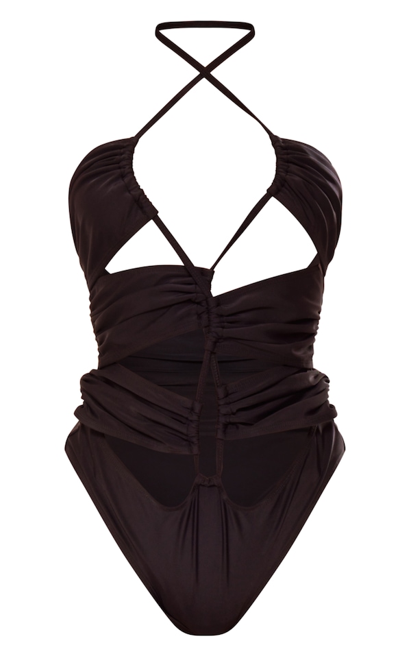 Black Strappy Halter Neck Cut Out Swimsuit Swimwear Prettylittlething