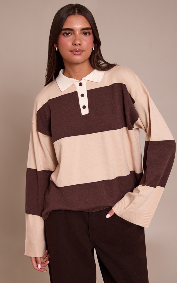 Chocolate Striped Knitted Rugby Top | Knitwear | PLT