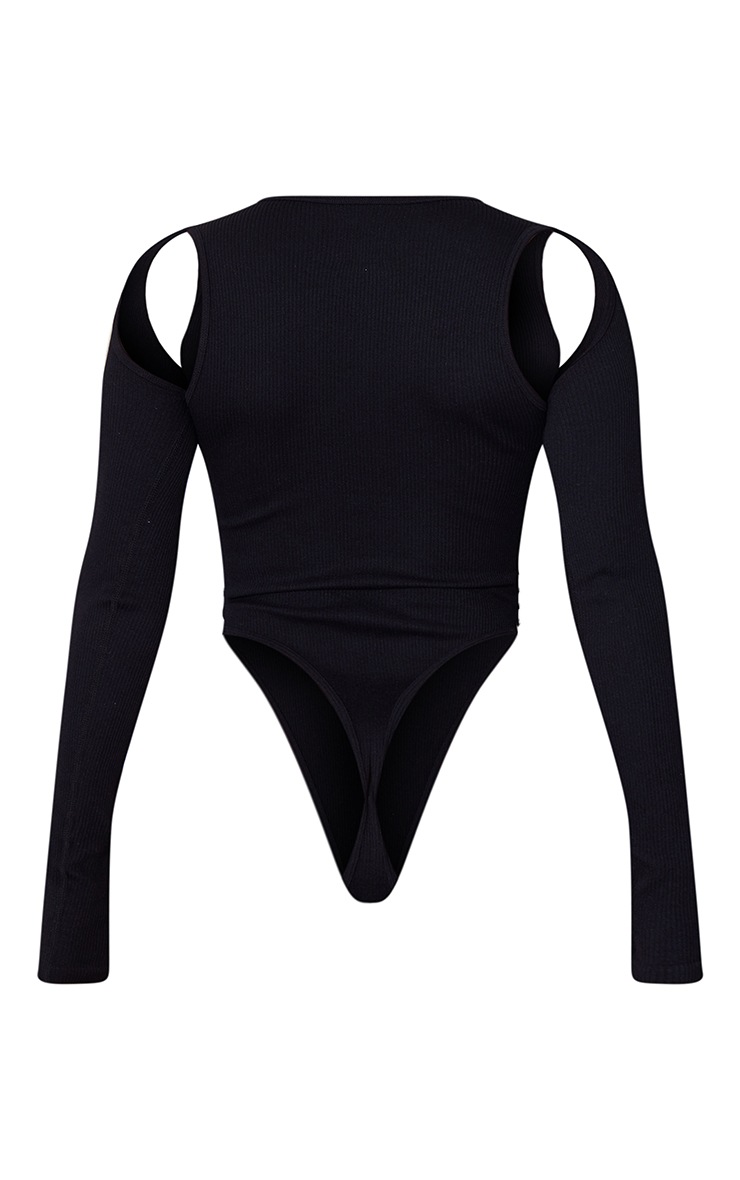 Black Contour Rib Cut Out Arm Long Sleeve Bodysuit | Tops | PLT