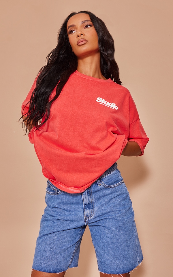 PLT Red Washed Studio Puff Printed T Shirt | Tops | PLT