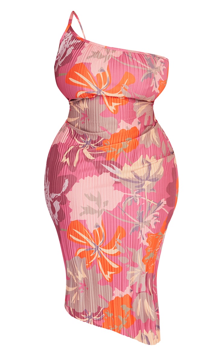 Plus Pink Floral Plisse One Shoulder Midi Dress | Plus Size ...