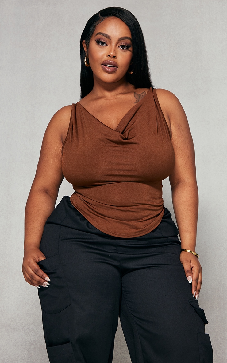 Plus Brown Cowl Front Drape Top | Plus Size | PrettyLittleThing USA