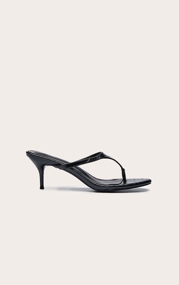 Black Croc High Vamp Toe Thong Low Heeled Mules | Footwear | PLT