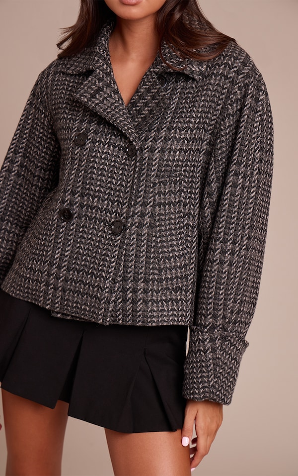 Charcoal Herringbone Double Breasted Wool Coat | Outerwear | PLT