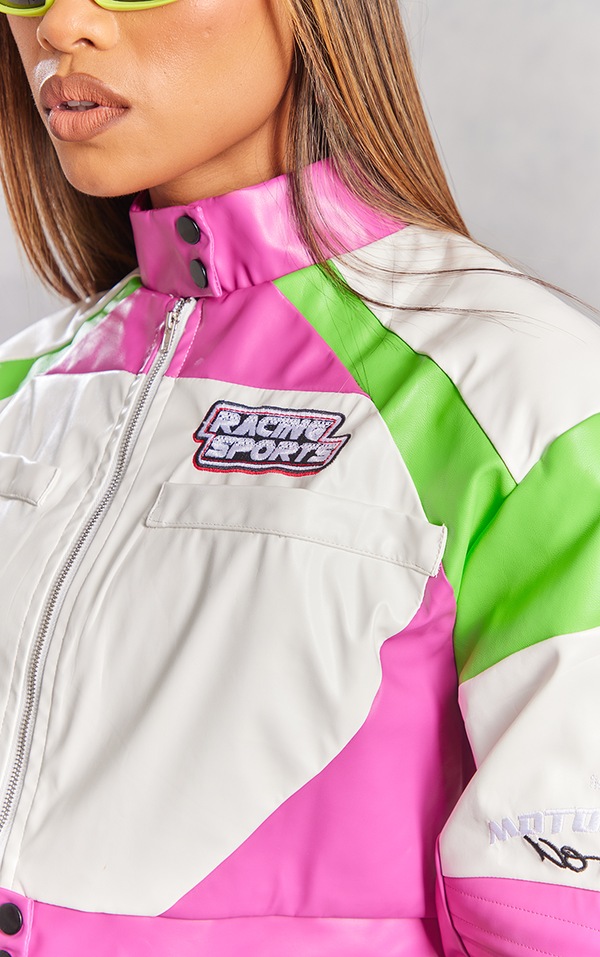 White PU Shoulder Padded Cropped Racer Jacket | Outerwear | PLT