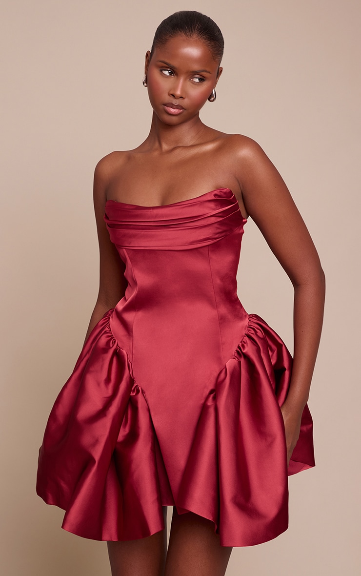 Burgundy Satin Bandeau Extreme Puff Shift Dress | Dresses ...