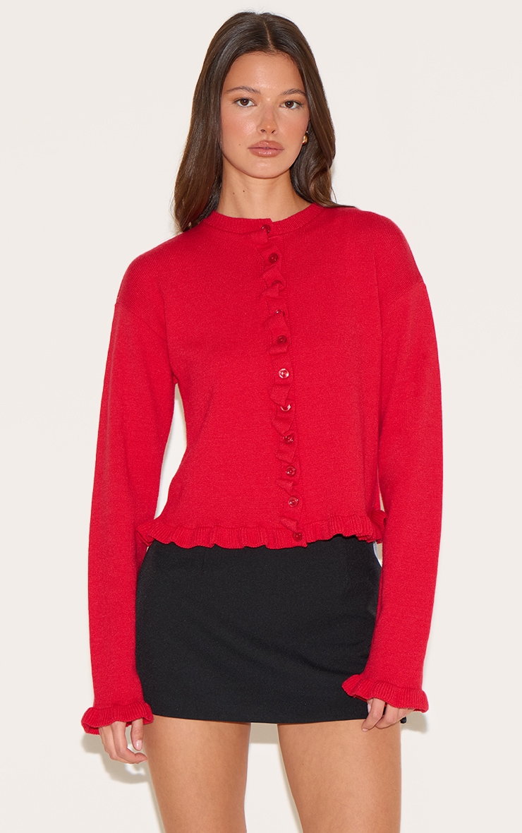 Red Knit Ruffle Detail Cardigan | Knitwear | PrettyLittleThing QA