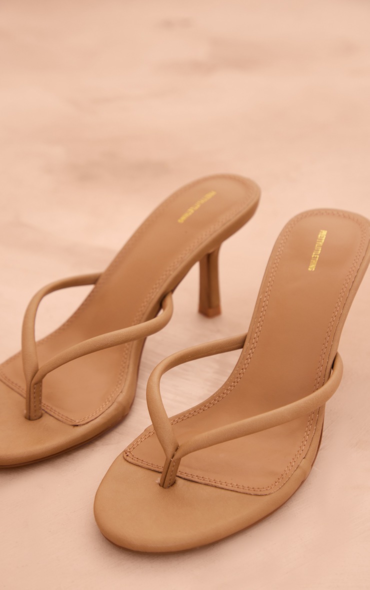 Camel PU Round Toe Thong Mid Heeled Mules | Footwear | PrettyLittleThing
