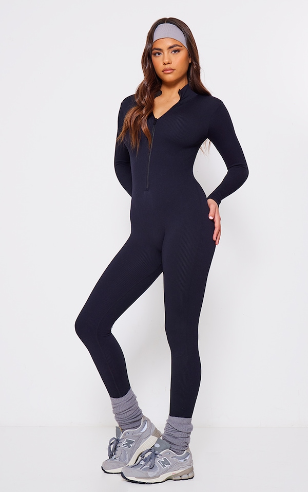 Black Structured Contour Rib Zip Jumpsuit | PrettyLittleThing