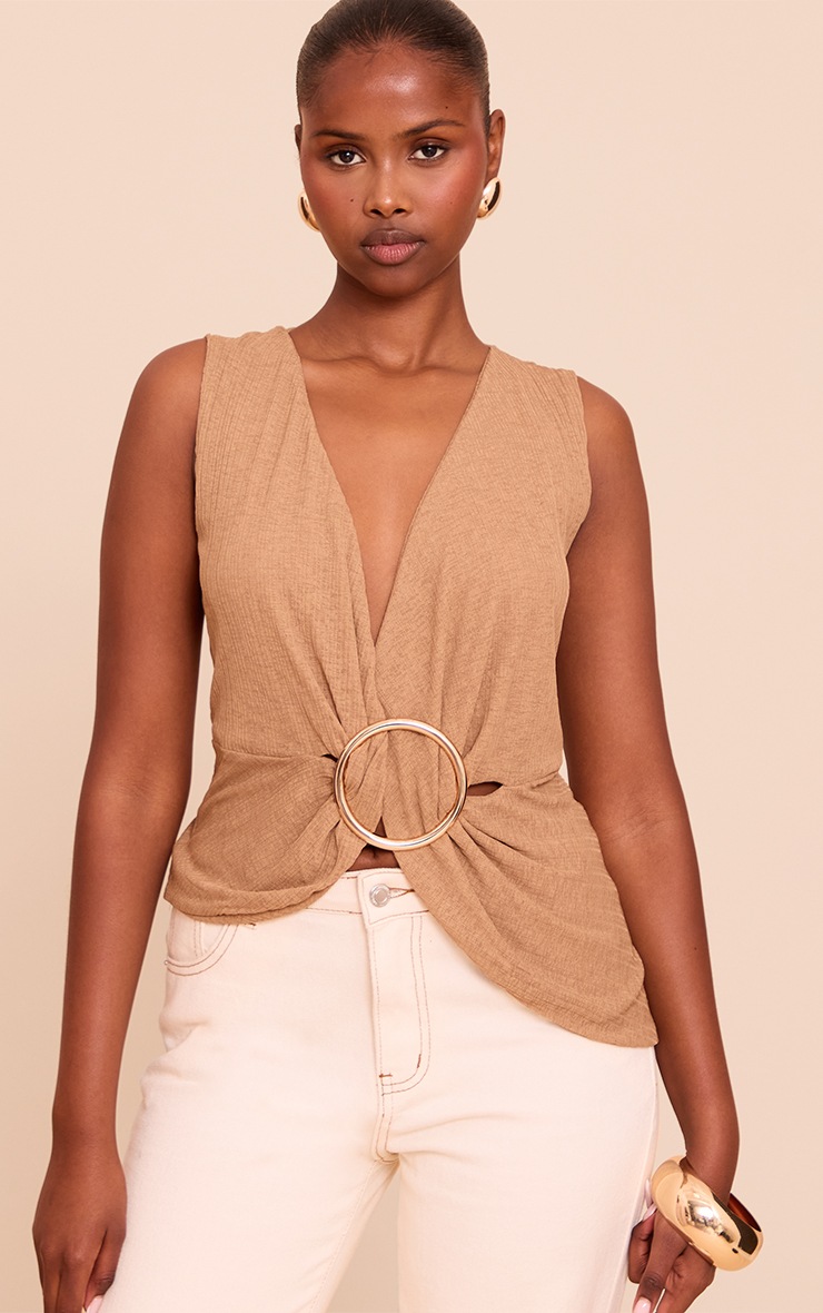 Mushroom Ribbed Onion Skin Trim Detail Plunge Top | Tops | PLT