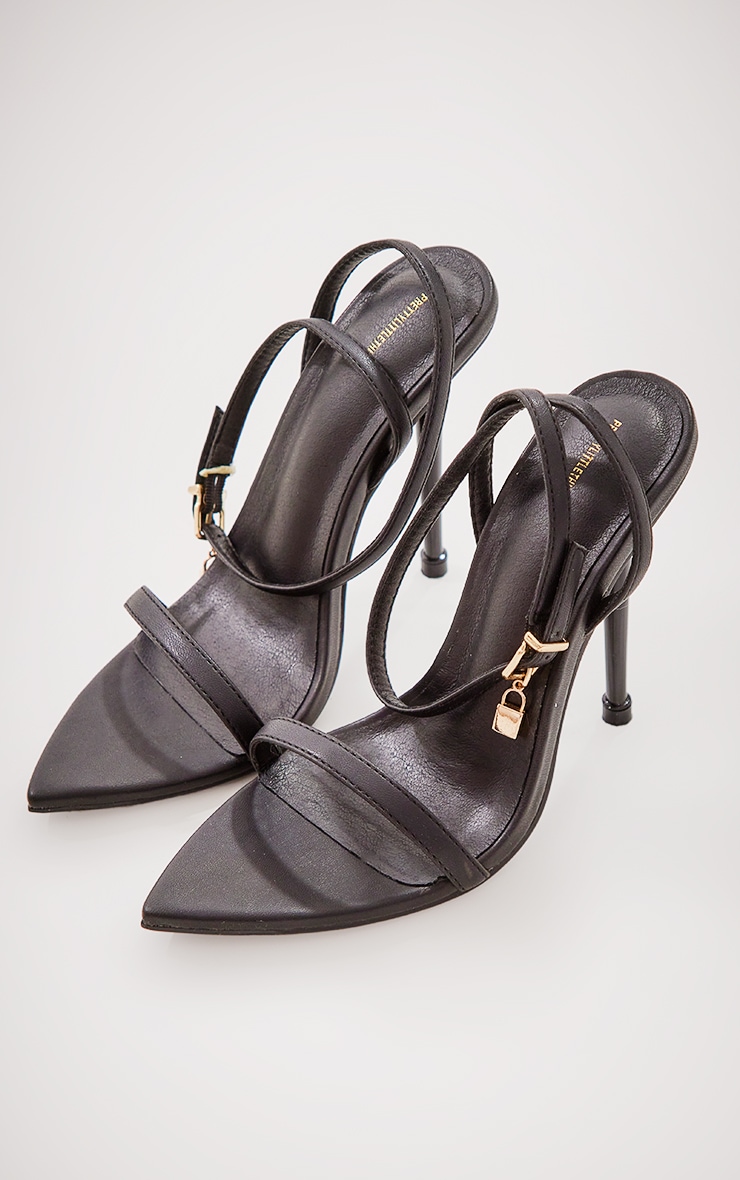 Black PU Point Toe Lock Charm Heeled Sandals | Footwear ...