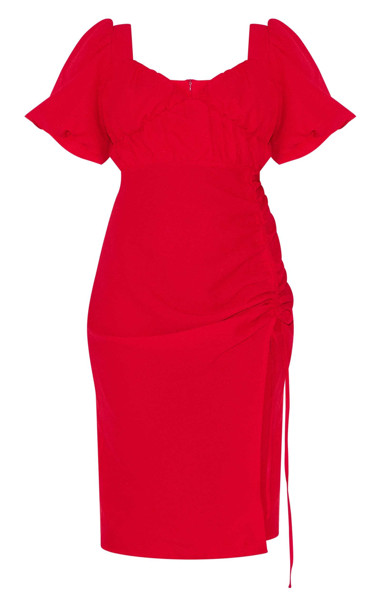 Plus Red Puff Sleeve Ruched Split Side Midi Dress | Plus Size | PLT