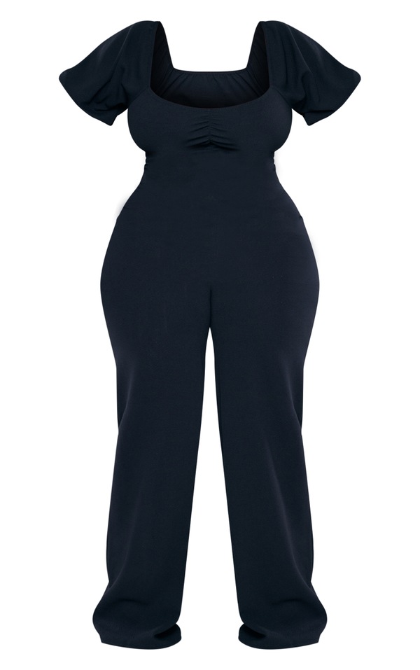 Plus Black Crepe Ruched Puff Sleeve Jumpsuit | Plus Size | PLT