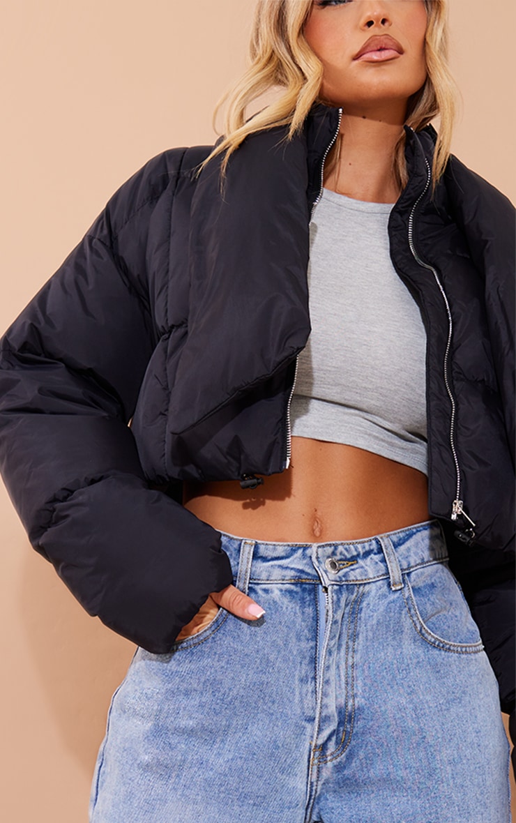 Black Detachable Scarf Detail Cropped Puffer Coat | PrettyLittleThing AUS