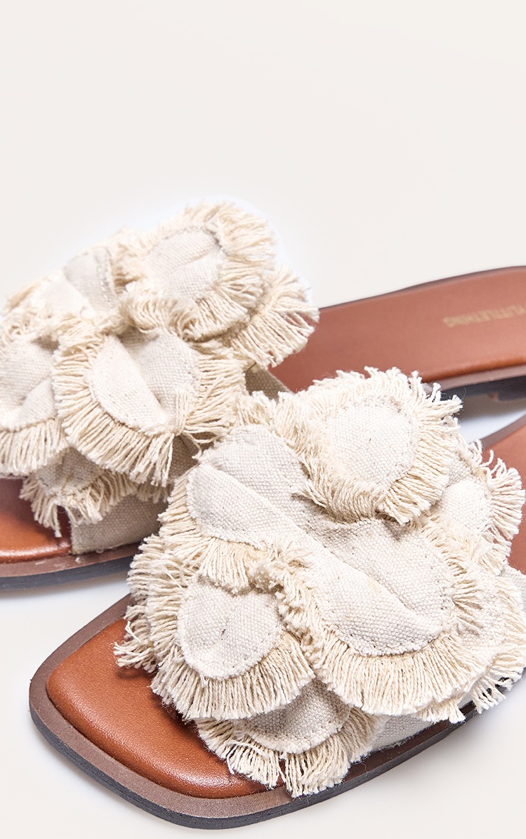 Natural Linen Round Toe Flower Strap Mule Sandals | Footwear | PLT