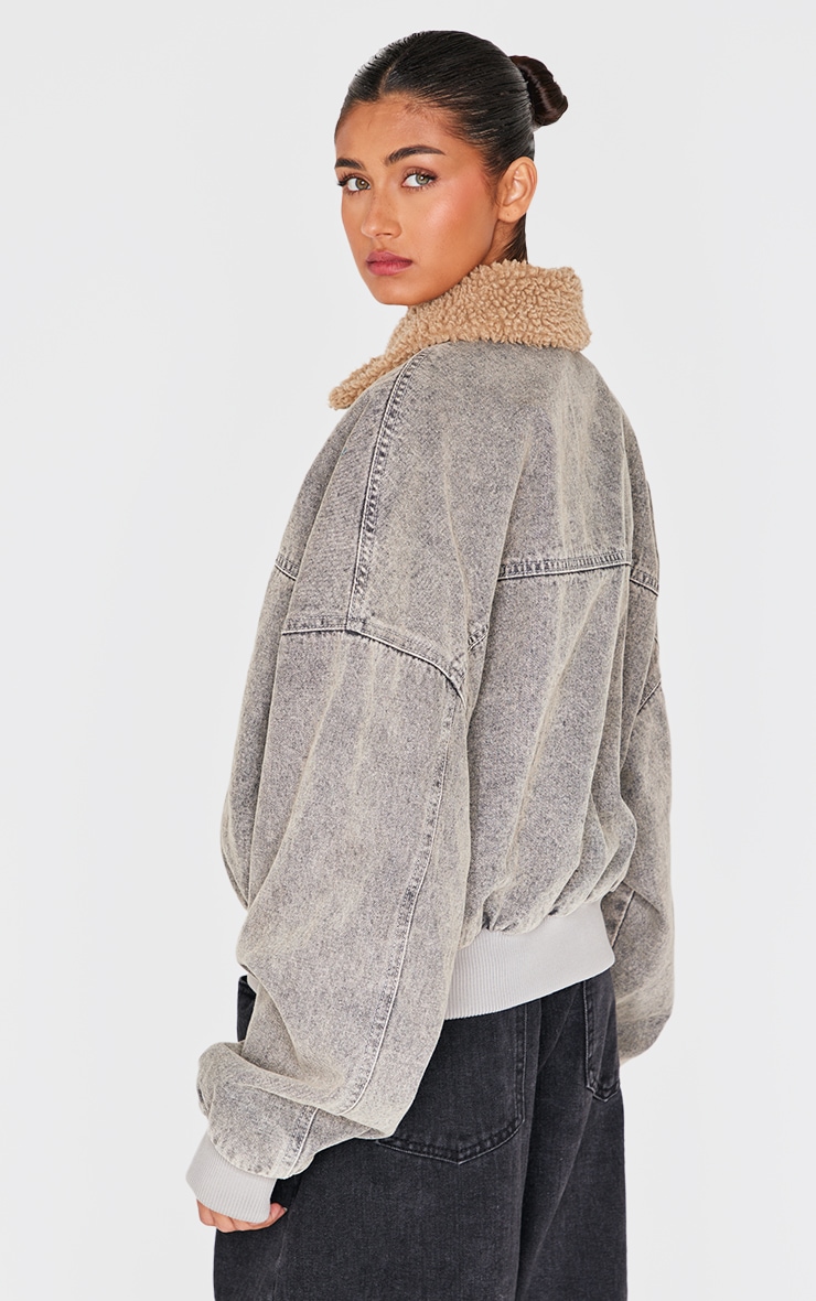 Light Grey Borg Collar Denim Bomber Jacket | Denim | PrettyLittleThing