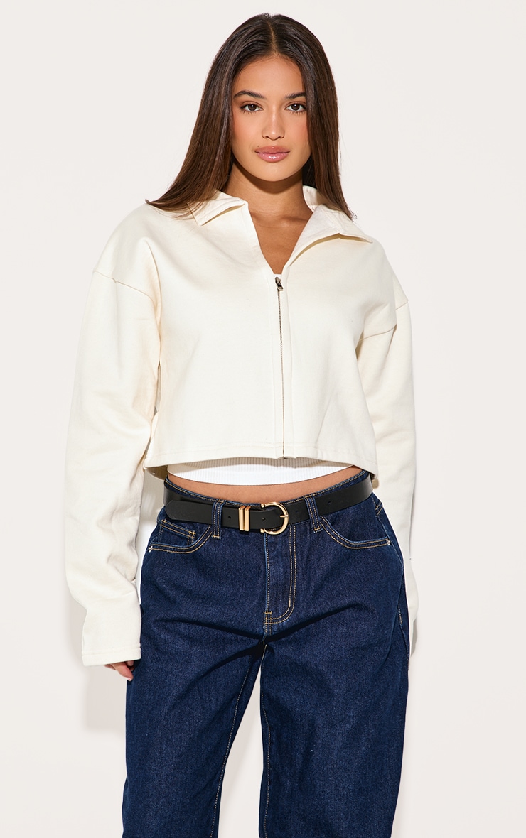 Cream Premium Boxy Sweat Zip Up Polo | Athleisure | PLT