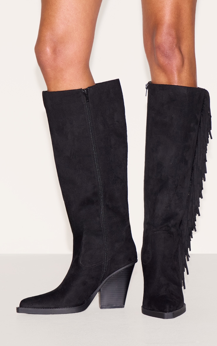 Black Point Toe Fringed High Block Heel Knee Boots | Footwear | PLT