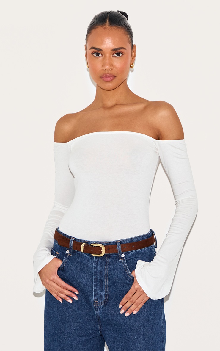 White Soft Cotton Bardot Long Sleeve Top | Tops | PrettyLittleThing AUS