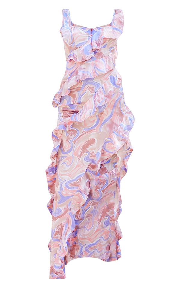 Pink Swirl Print Diagonal Frill Maxi Dress | Dresses | PLT