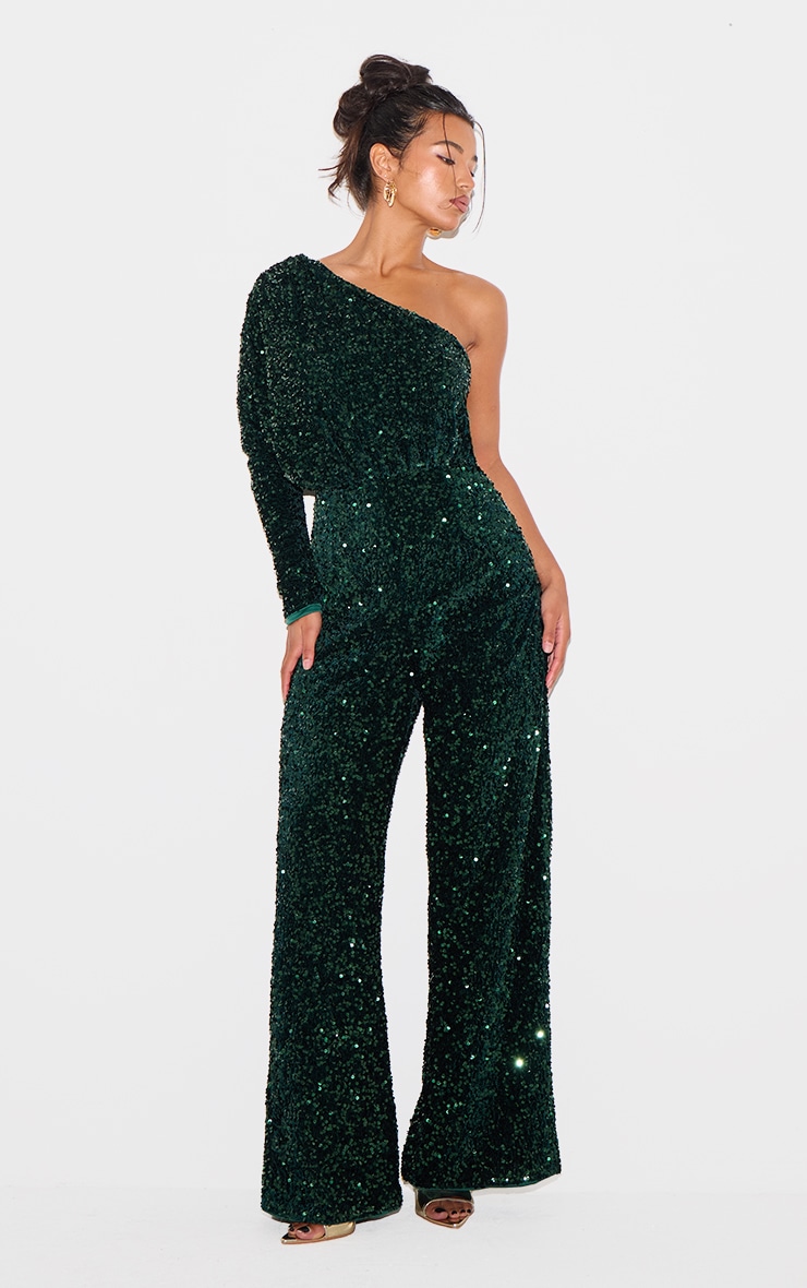 Emerald Green Velvet Sequin One Shoulder Jumpsuit | Dresses | PLT USA