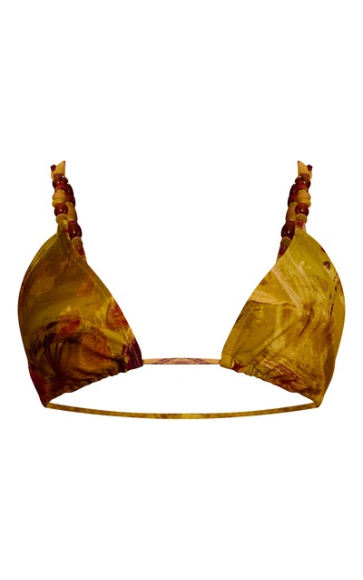 Green Bead Trim Abstract Print Triangle Bikini Top | Swimwear | PLT USA