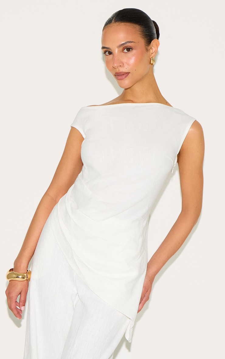 Petite Top Léger En Effet Lin Tissé Blanc À Épaule Dénudée Asymétrique ...