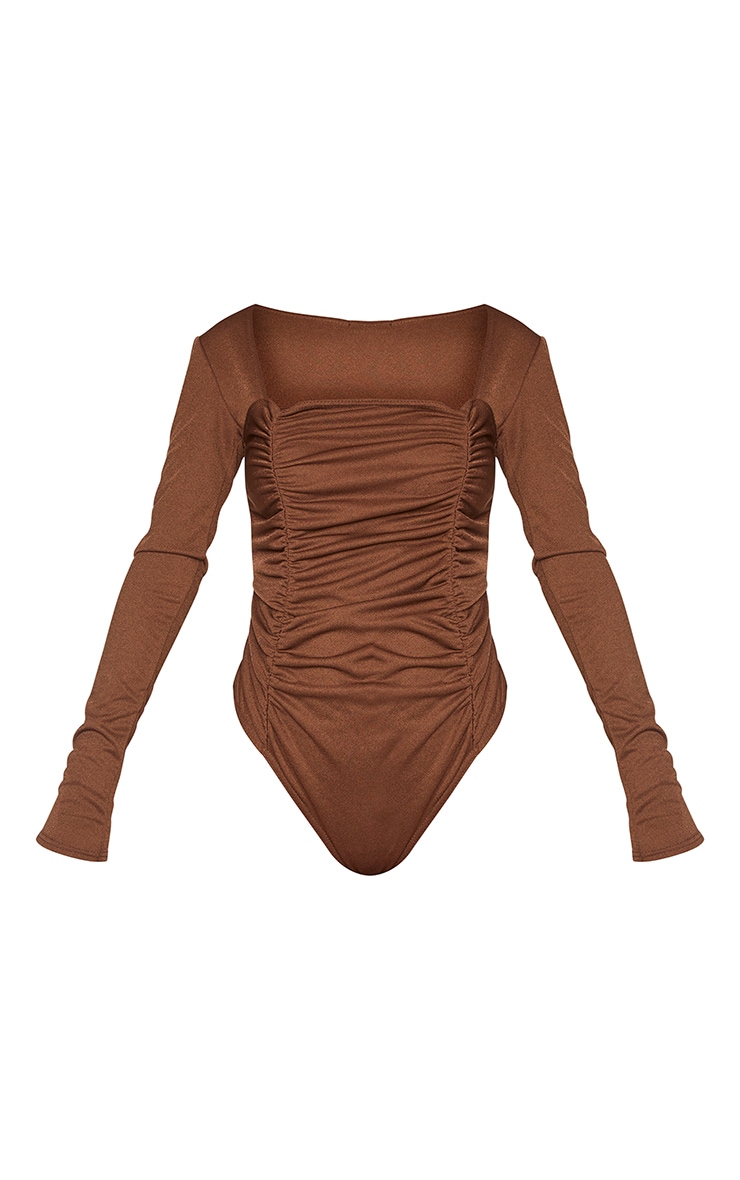 Chocolate Ruched Long Sleeve Bodysuit | PrettyLittleThing USA