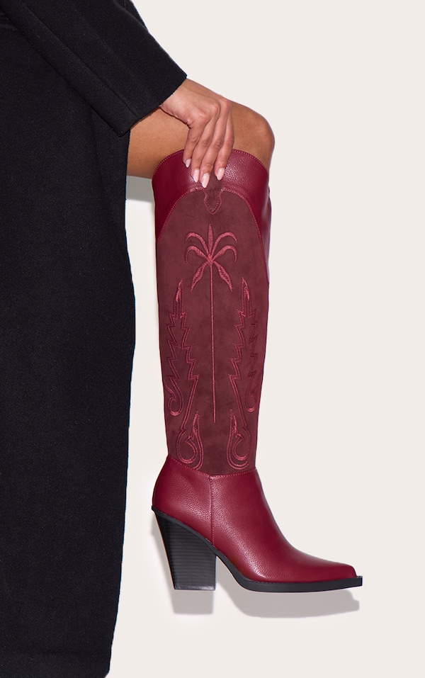Burgundy Knee High Stitch Block Heel Western Boots | Footwear ...