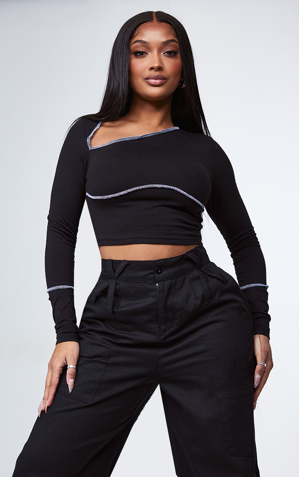 Shape Black Contrast Stitch Asymmetric Neck Crop Top | Shape | PLT USA