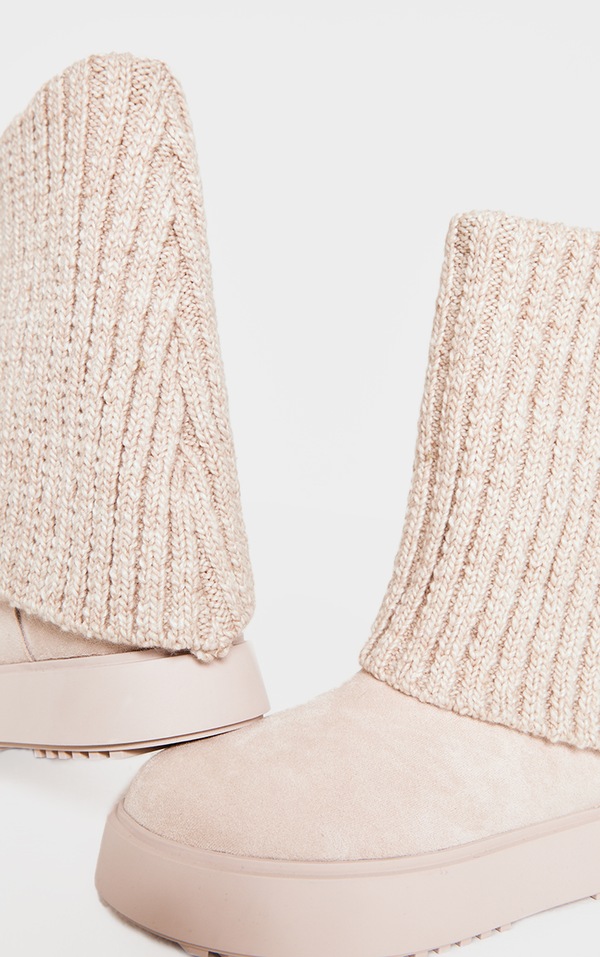 Beige Knit Fold Over Chunky Sole Boots | Footwear | PrettyLittleThing USA