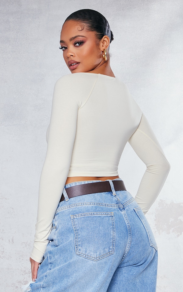 Cream Cotton Square Neck Long Sleeve Top | Tops | PrettyLittleThing CA