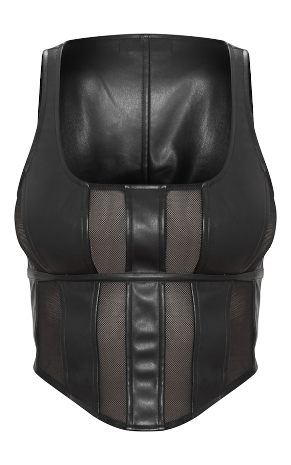 Corset Noir En Similicuir À Empiècements En Mesh Transparent | PrettyLittleThing FR