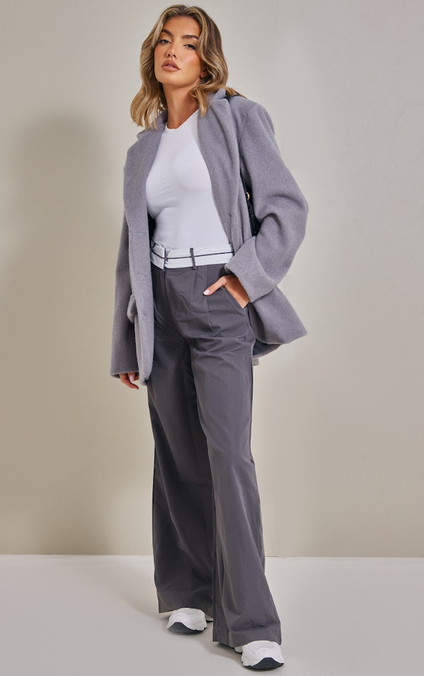 Grey Wool Longline Oversized Curved Hem Blazer | Outerwear | PLT